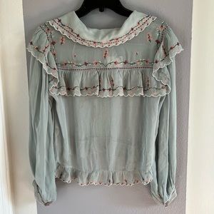 Zara | Tops | Zara Sage Embroidered Ruffle Blouse | Poshmark